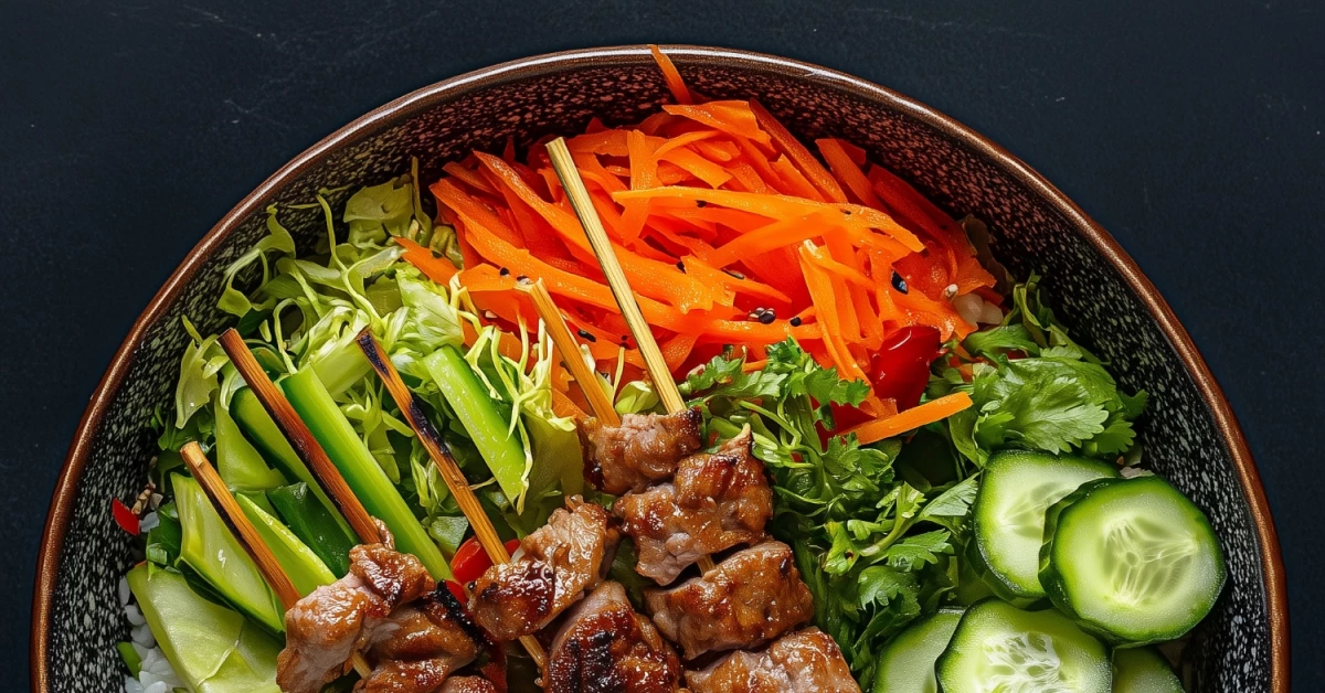 Salade-repas de 4 brochettes de filet de porc et nouilles épicées ...