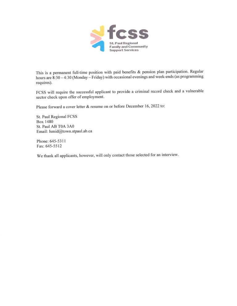 Employment Opportunity : FCSS (Full-Time) Program/Administrative ...