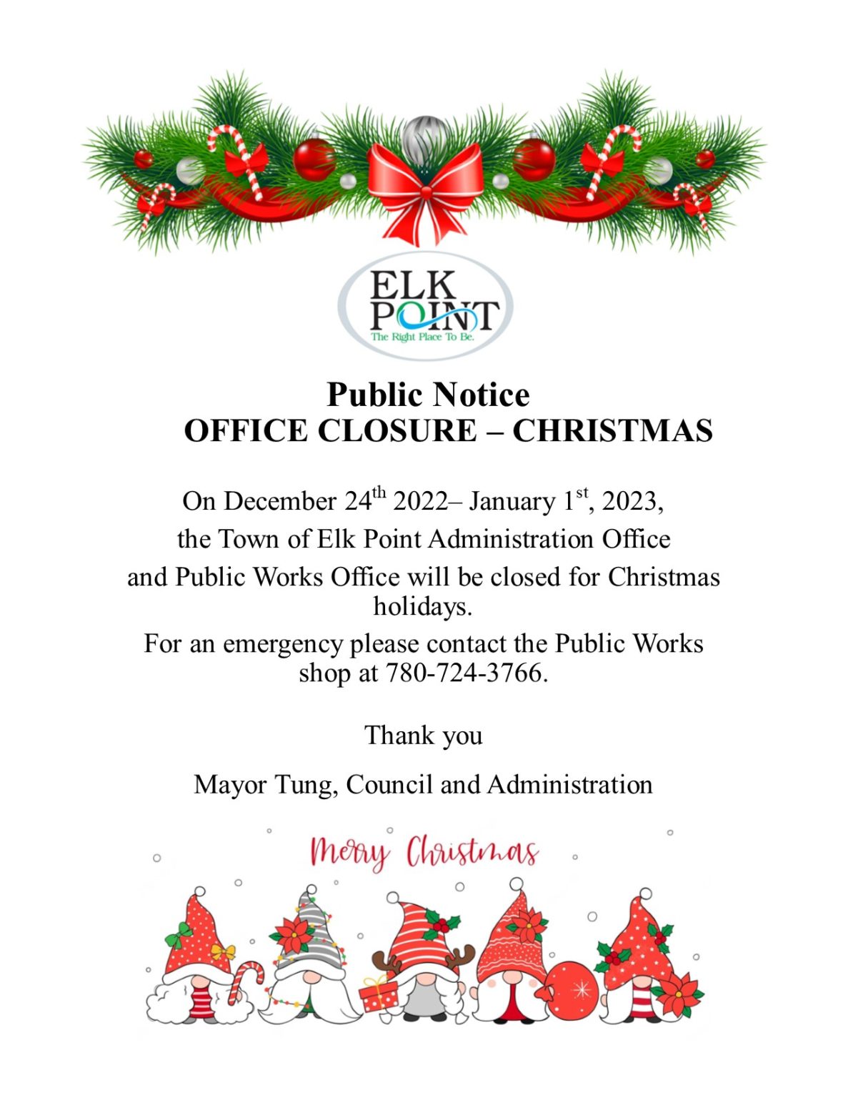 Holiday Closure - Town of Elk Point