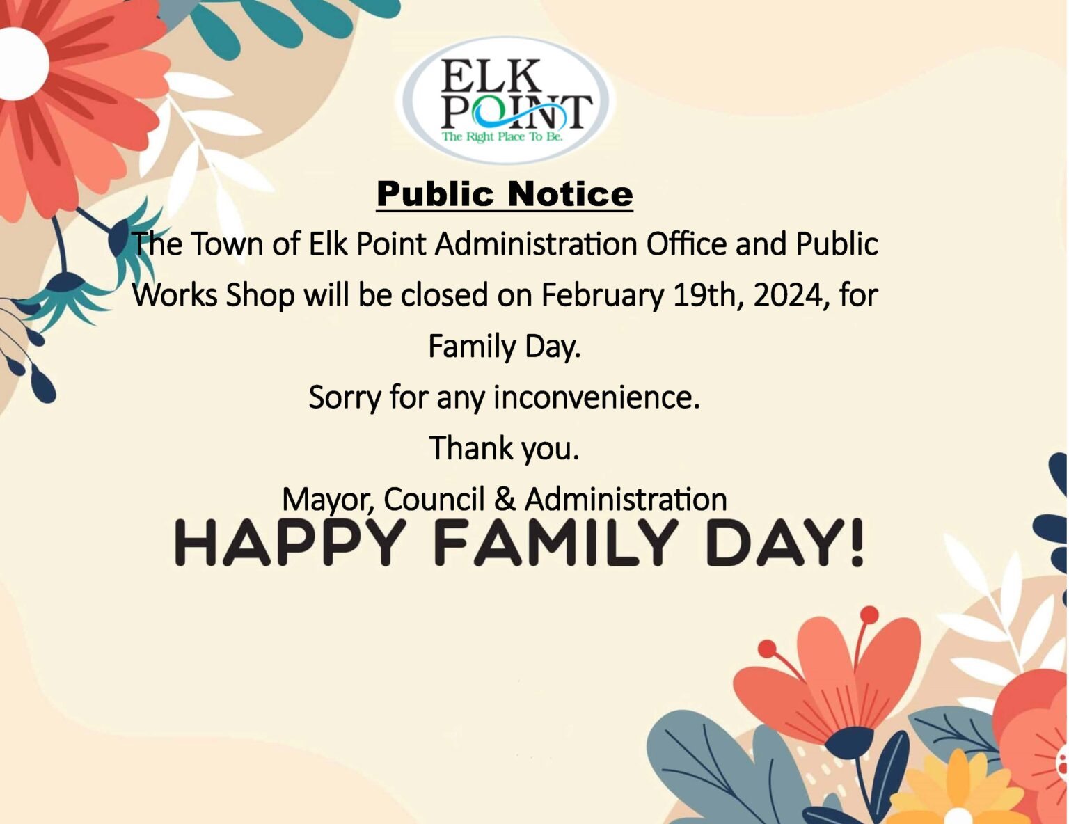 Public Notice - Office Closure for Family Day - Town of Elk Point