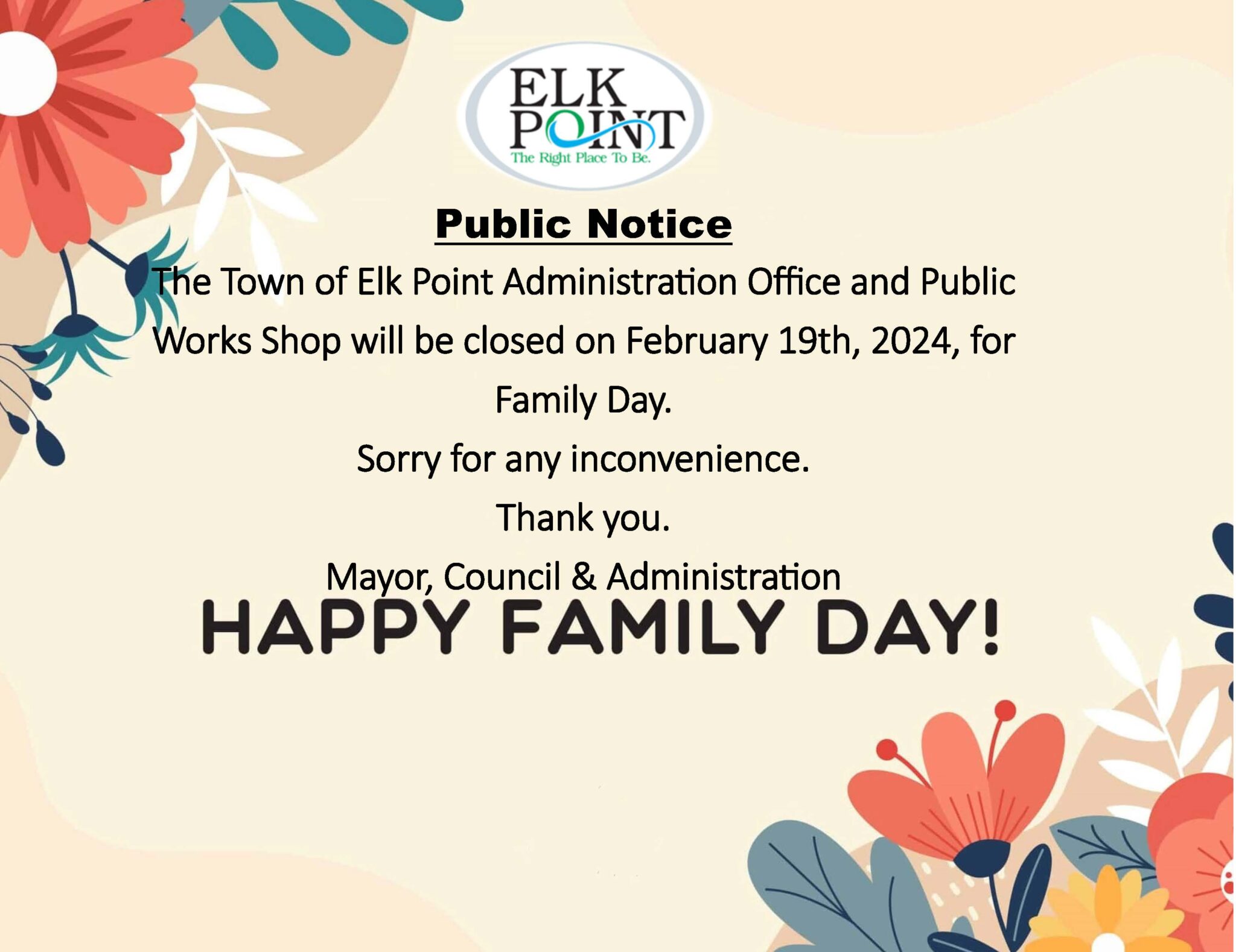 Public Notice - Office Closure for Family Day - Town of Elk Point