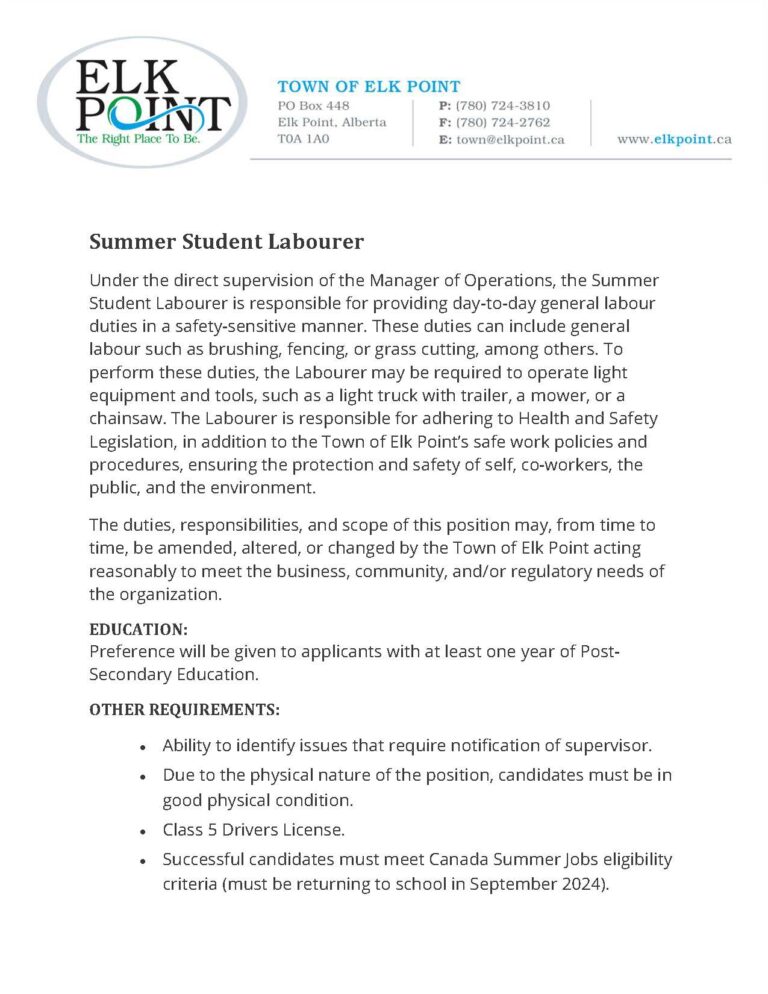 Employment Opportunity: Summer Student - Town of Elk Point