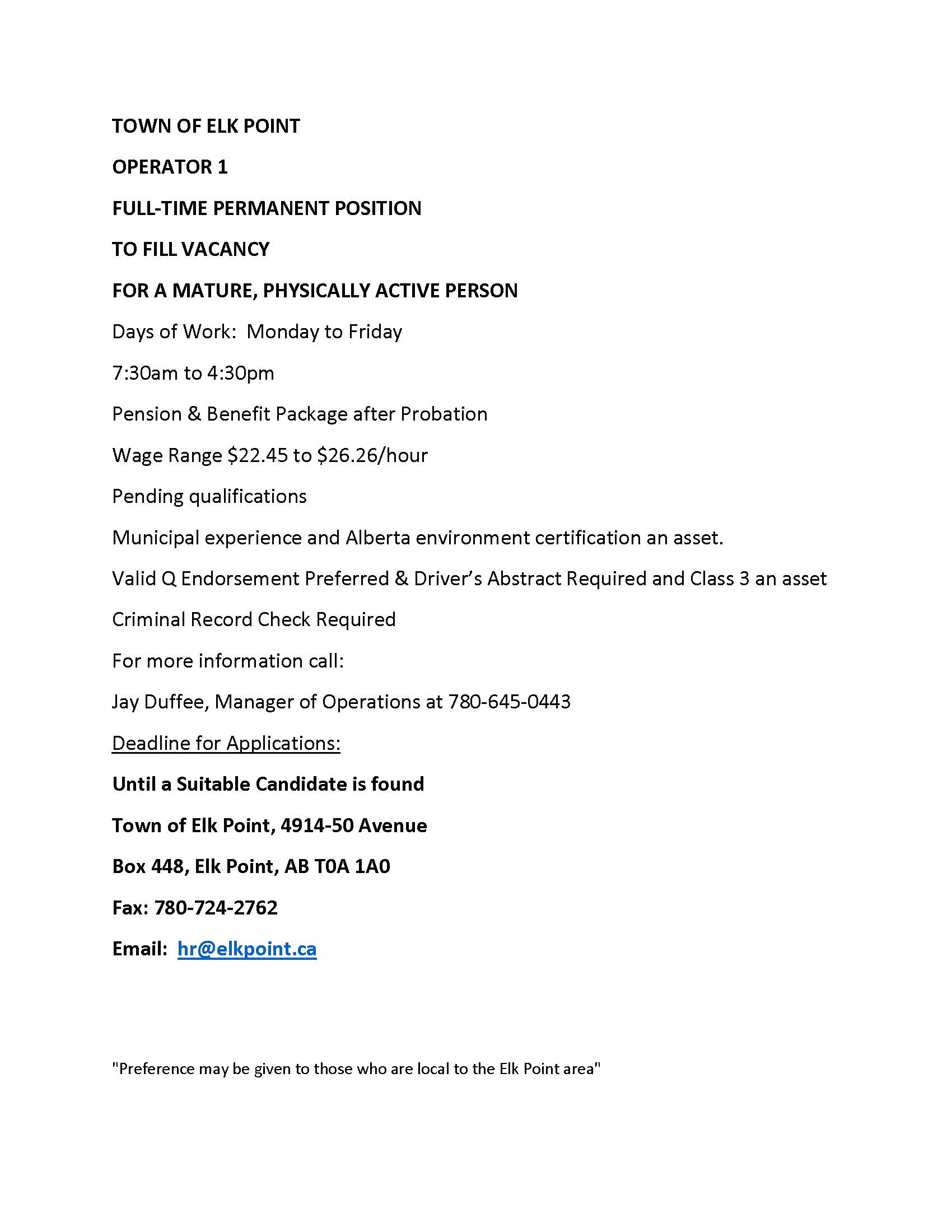 Employment Opportunity - Town of Elk Point - Town of Elk Point