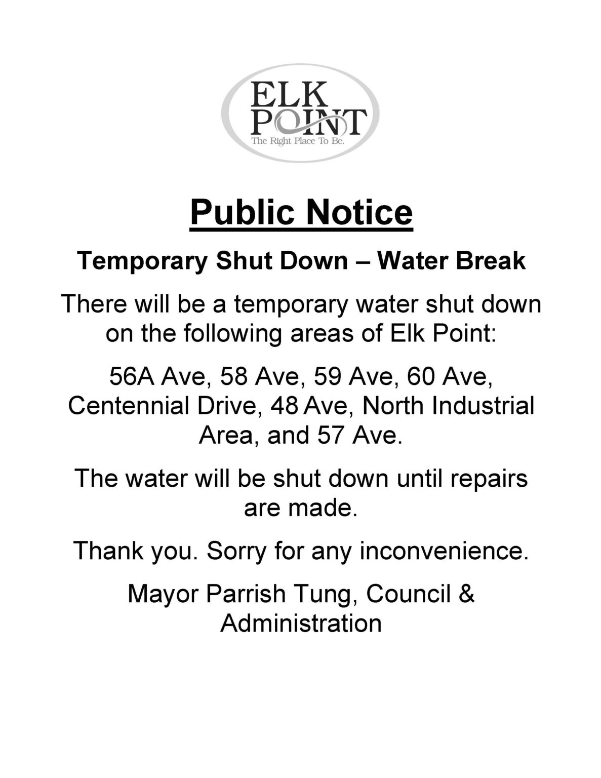 PUBLIC NOTICE - Temporary Water Shut Down - Town of Elk Point