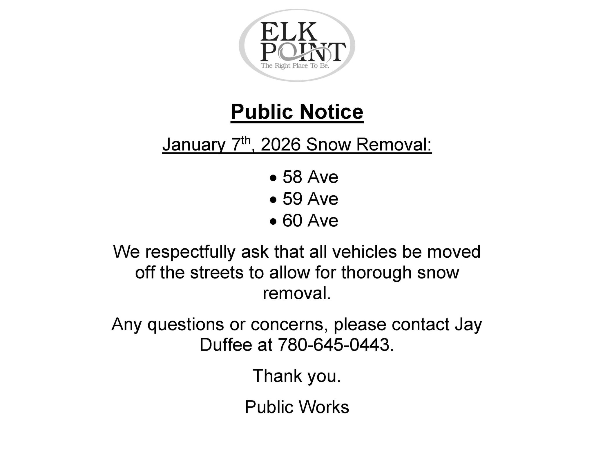 January 7th, 2026 - Snow Removal - Town of Elk Point