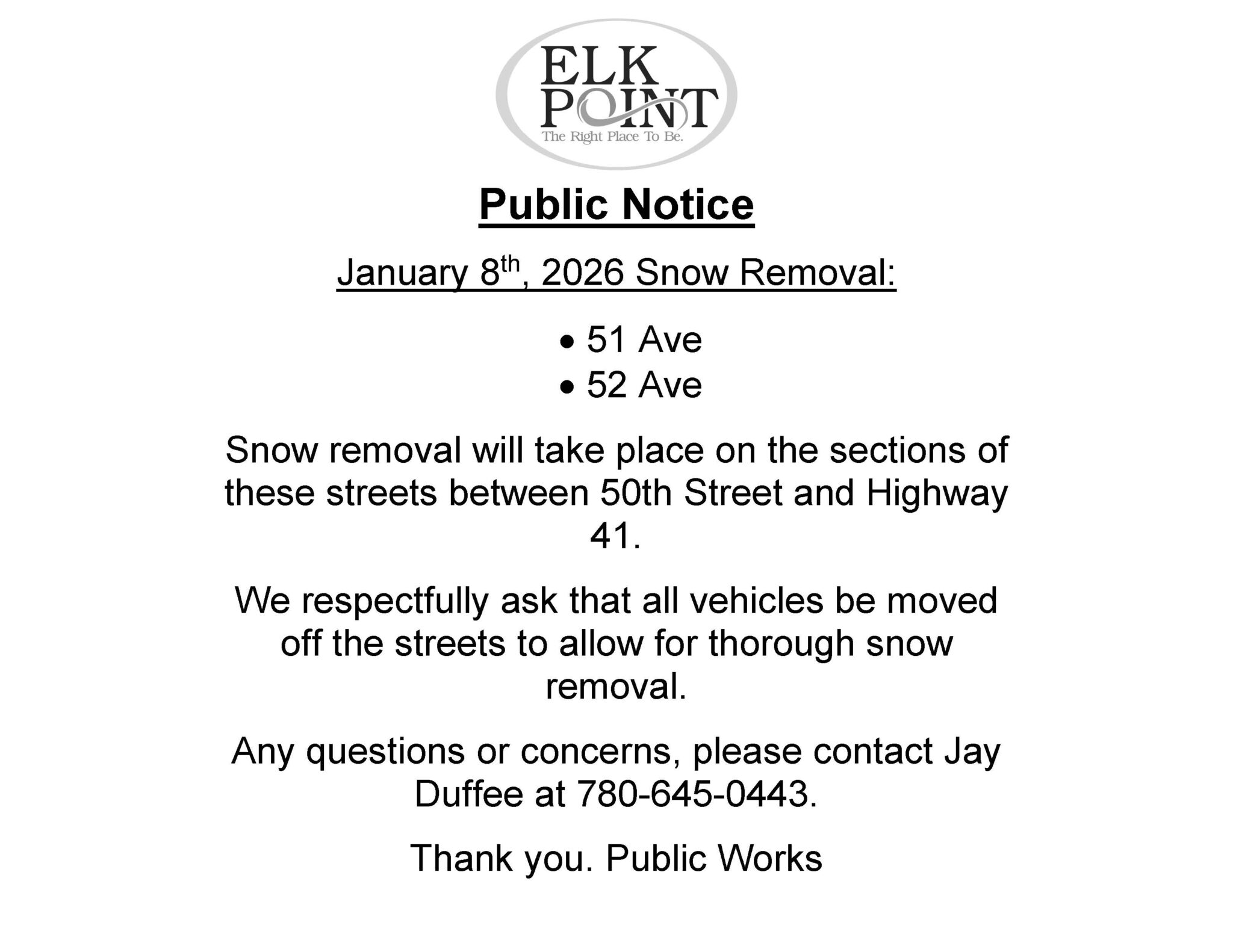 January 8th, 2026 - Snow Removal - Town of Elk Point